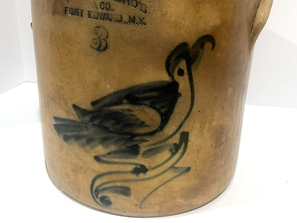 Primitive Ottman Bros Fort Edwards NY 3G Salt Glazed Crock Blue Bird ...