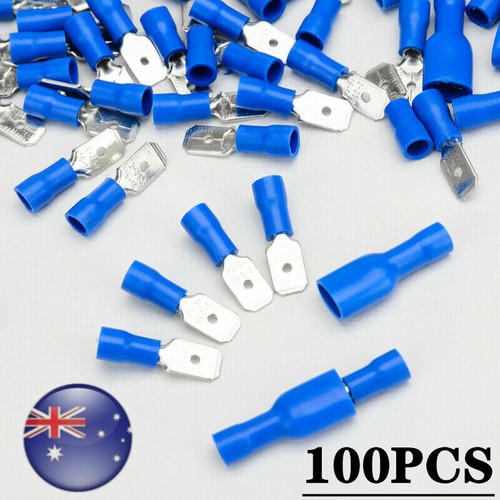 100PC Blue Insulated Crimp Splice Terminals Kit Electrical Wire Spade ...