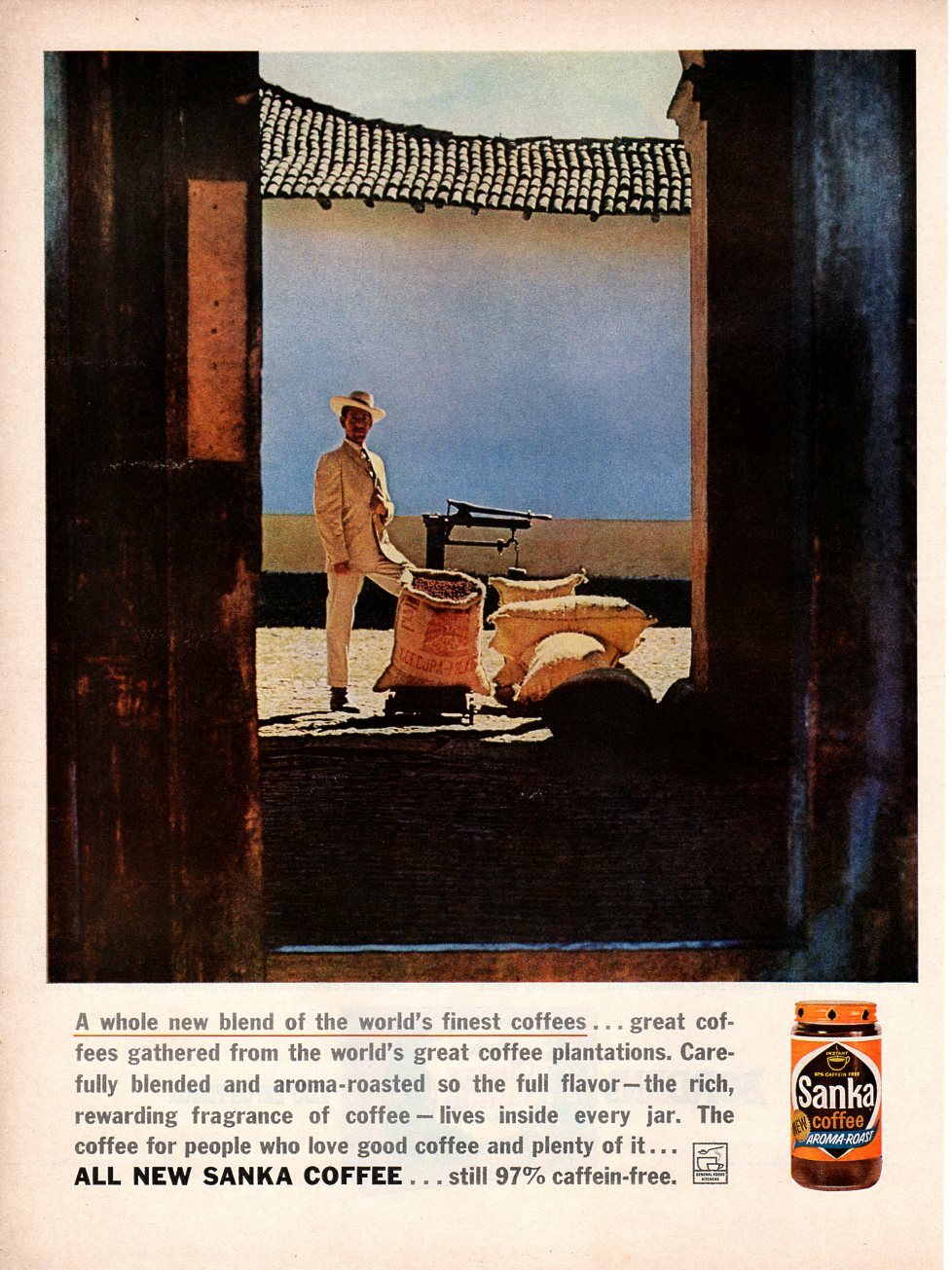 Vintage advertising print Drink Coffee SANKA Man worker Weigh Scale Big ...