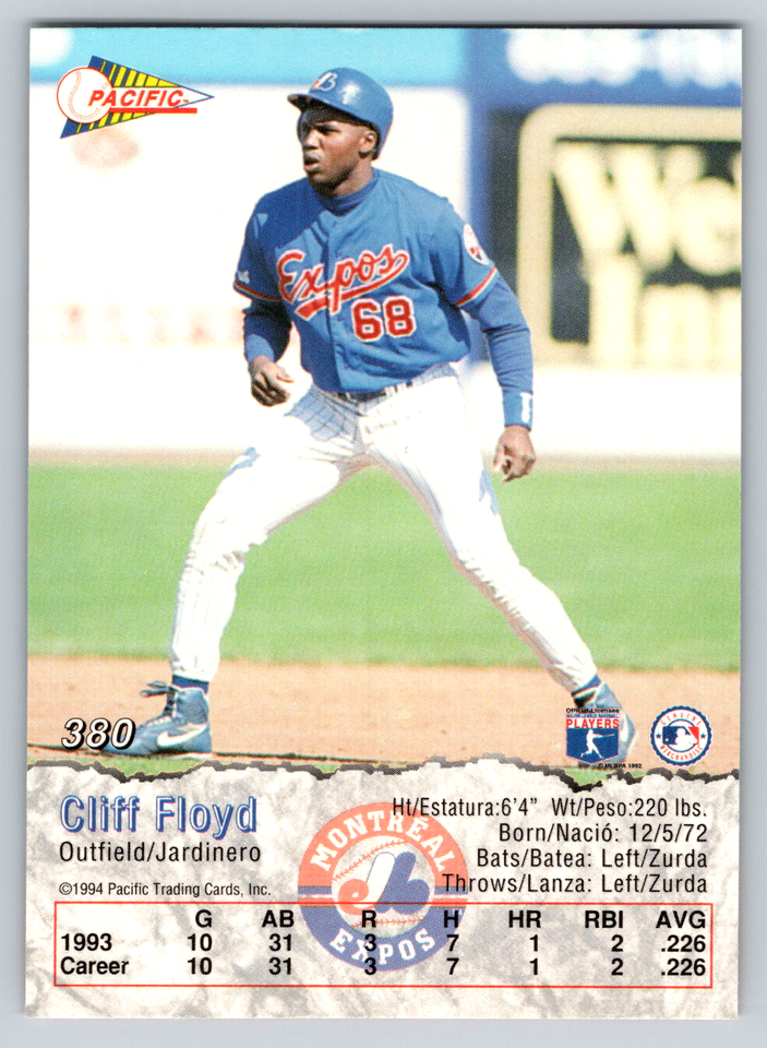 1994 Pacific Crown Collection #380 Cliff Floyd Montreal Expos Baseball ...