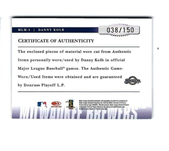 2005 Donruss Prime Patches Double Swatch Signature 38/150 Danny Kolb # ...