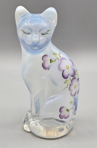 FENTON Glass Opalescent 5.25" Cat, Hand Painted Purple Flowers & Signed ...