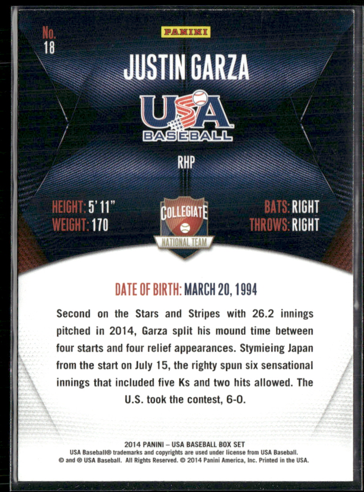 Justin Garza Signed 2014 Panini USA Baseball IP Auto #18 | eBay