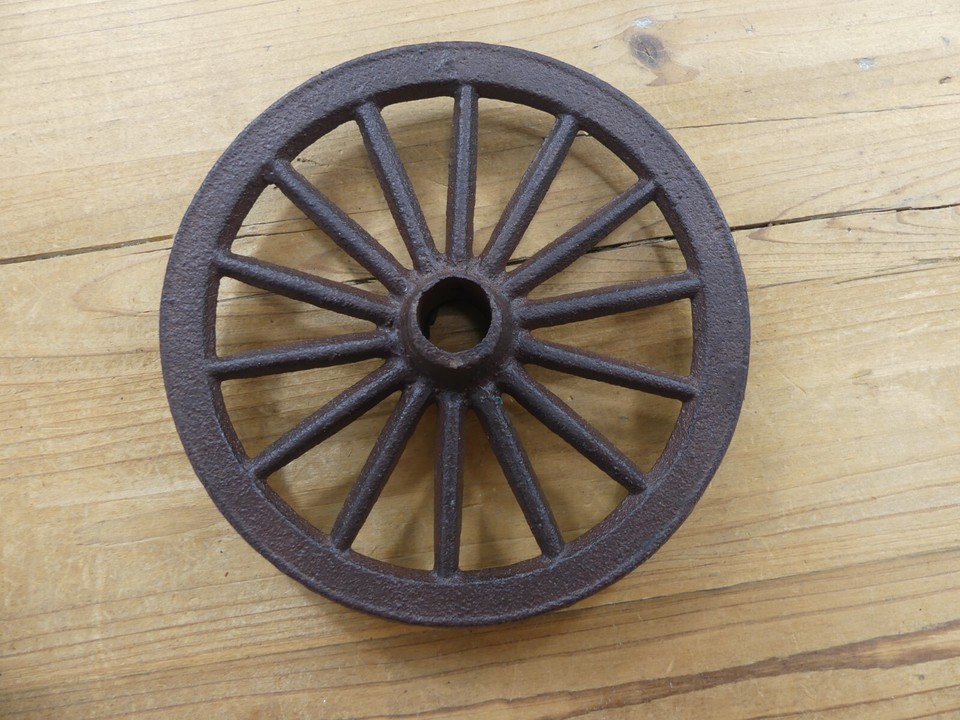 4 Small Cast Iron Wagon Wheel 6 3/4" Wide Table Cart Wheels Spoke ...