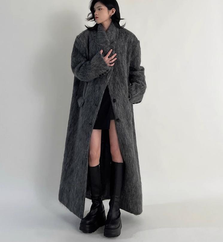 Lapel Women's Full Length Wool Blend Coats Fluffy Jacket Loose French ...