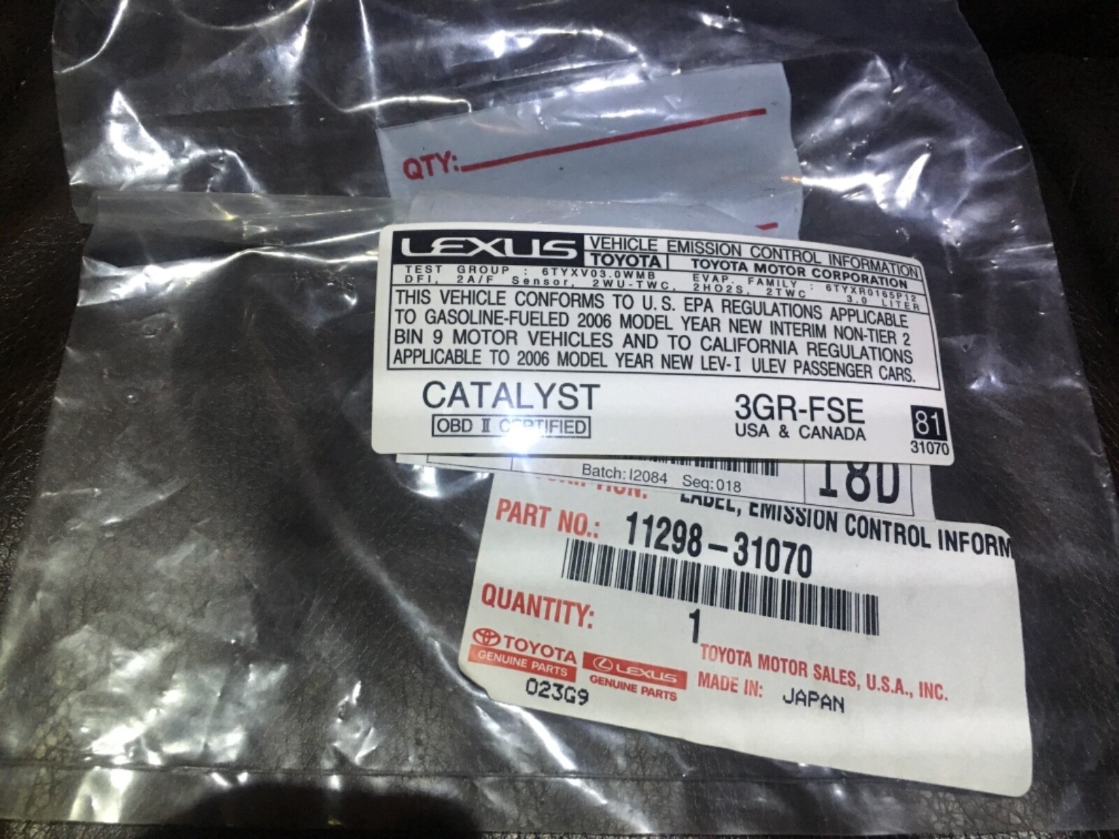Toyota 11298-31070 Label, Emission Control information OEM NOS for ...