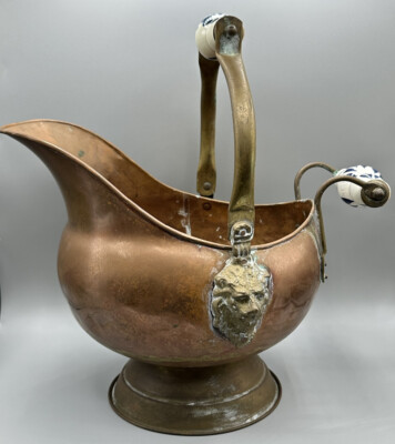 VTG COPPER DUTCH HELMET COAL ASH SCUTLLE BUCKET DELFT BLU HANDLE BRASS ...