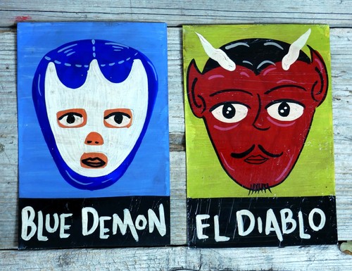 2 Tin Paintings Loteria Lucha Libre & Devil Hand Painted Mexican Folk ...