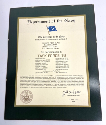 WWII 50th Anniversary Task Force 16 Named Certificate | eBay