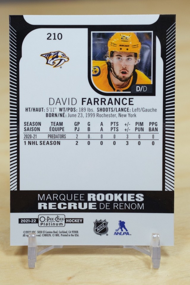 2021-22 OPC Platinum Marquee Rookies #210 David Farrance - Nashville ...