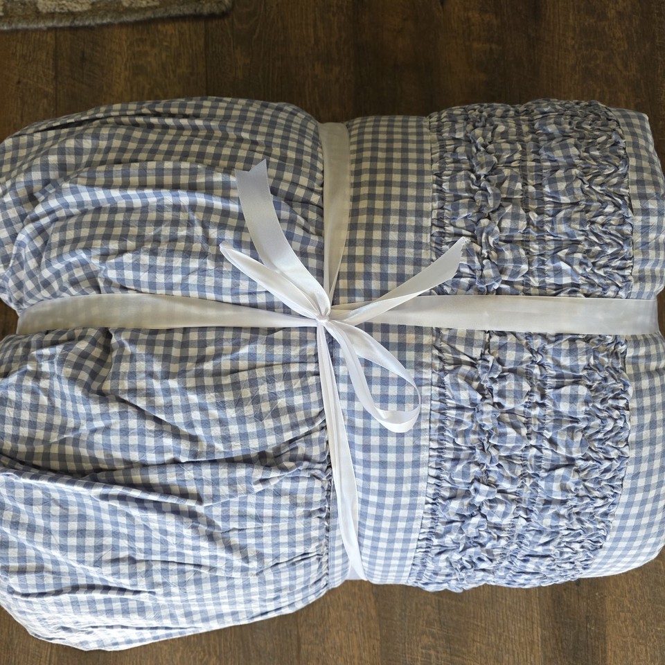 Pottery Barn Nantucket Gingham Quilt Full/Queen Blue White Farmhouse | eBay