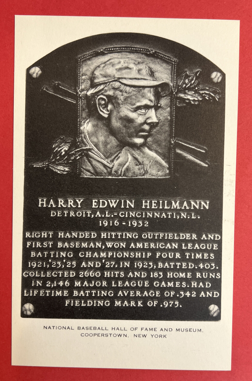 1956-63 Artvue Type 2 Harry Heilmann Plaque Postcard NM+ Detroit Tigers ...