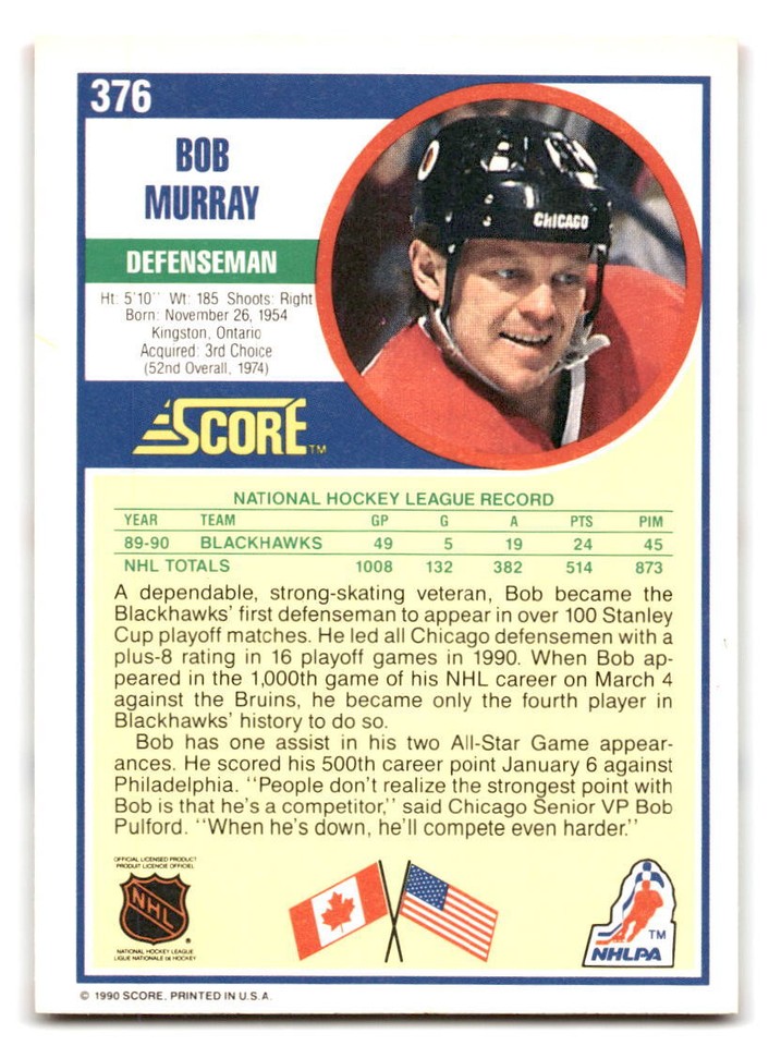 Bob Murray 1990-91 Score American HOCKEY #376 Chicago Blackhawks | eBay