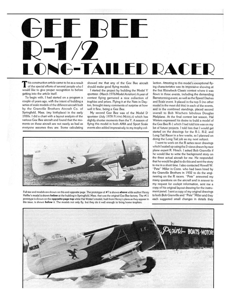 Model Airplane Plans (RC): Gee Bee R-1/2 1/6 Scale 50" for .60 by Henry ...