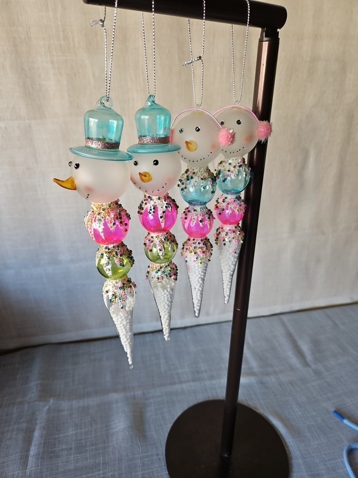 Robert Stanley Set of 4 Top Hat & Pink Earmuffs Snowmen Glass Ornaments ...