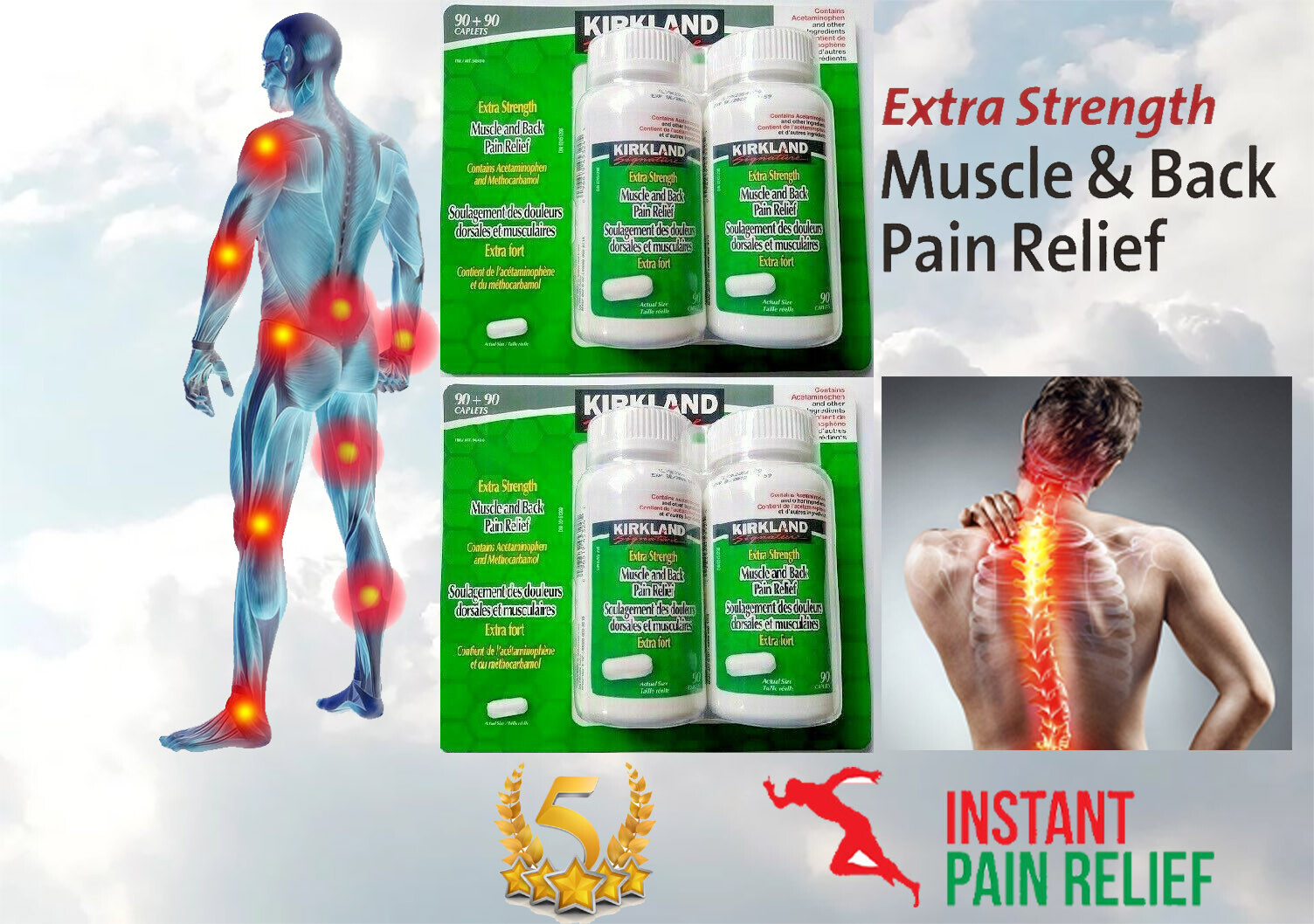 KIRKLAND Extra Strength MUSCLE + BACK Pain Relief 4X90 CAPLETS,EXP2027 ...