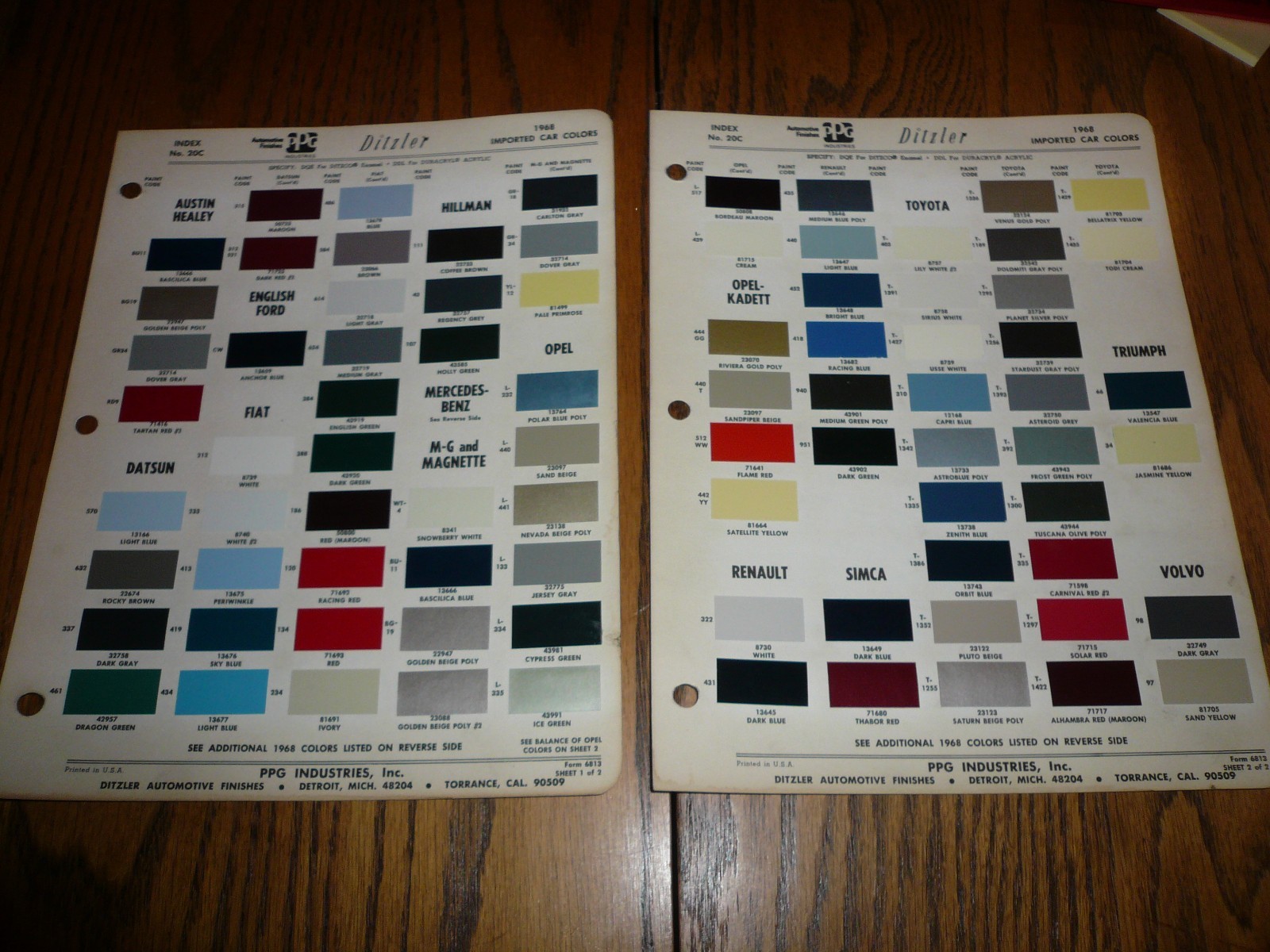 1968 1970 Imported Car Colors Ditzler PPG Color Chips -Vintage - Two ...