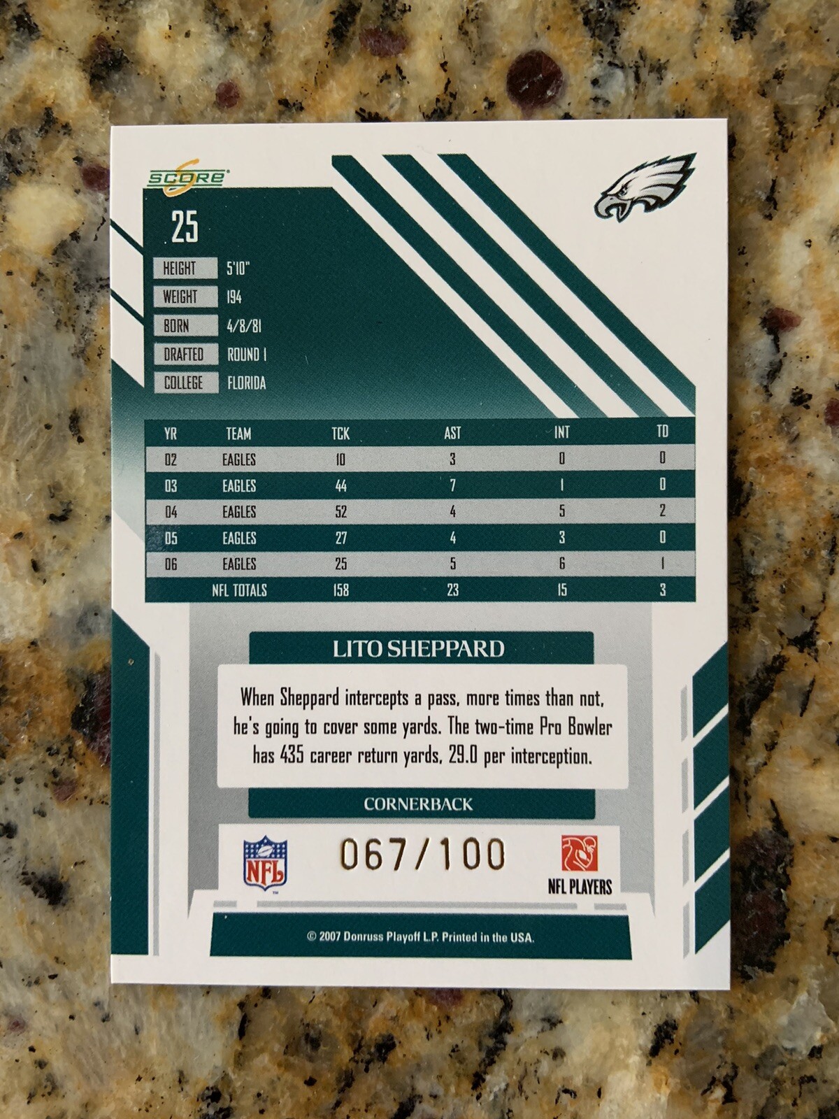 2007 Score Select - Scorecard #25 Lito Sheppard /100 for sale online | eBay