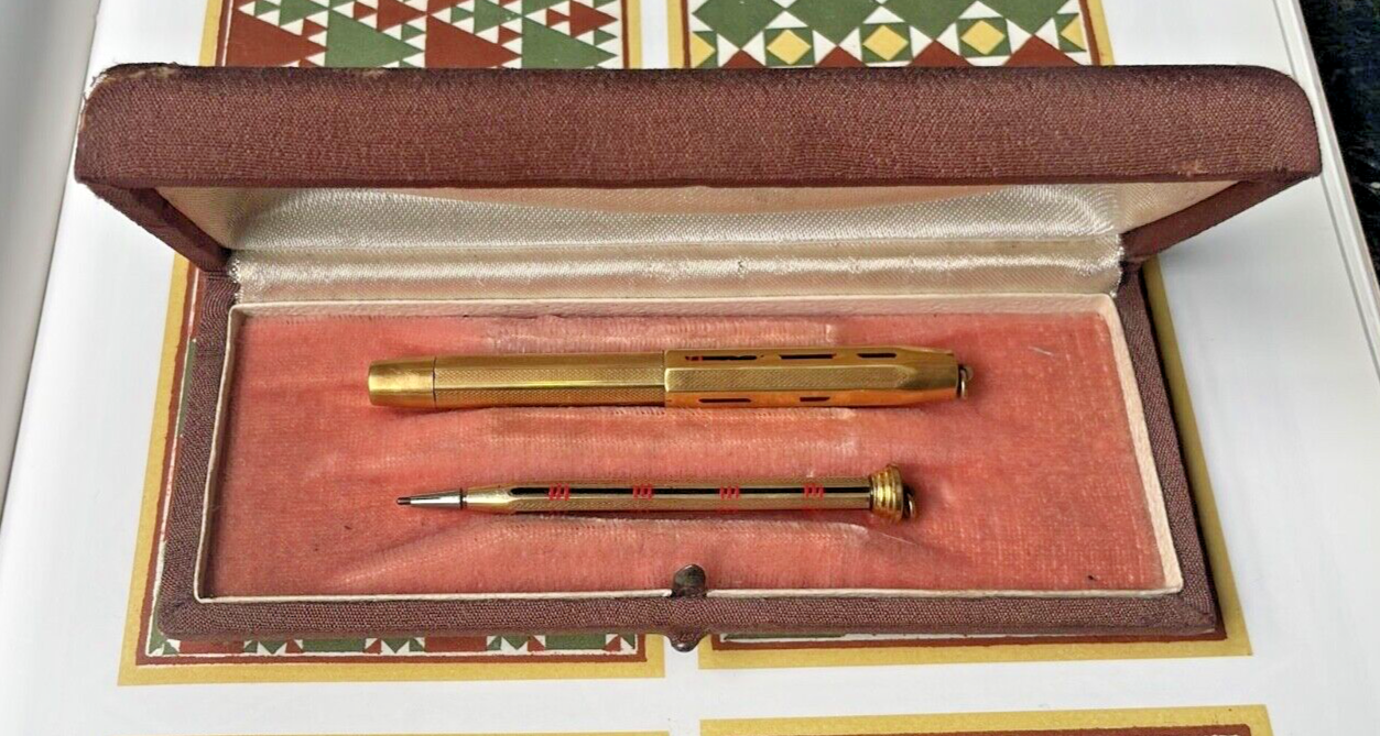 Antique Set Of Artdeco Fountain Pen & Pencil, Gold Filled And Enamel ...