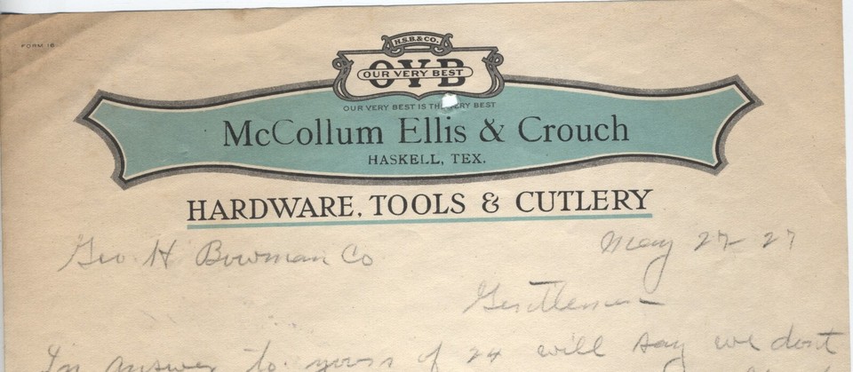 1927 HASKELL TEXAS COLOR LETTERHEAD, MCCOLLUM ELLIS & CROUCH HARDWARE ...