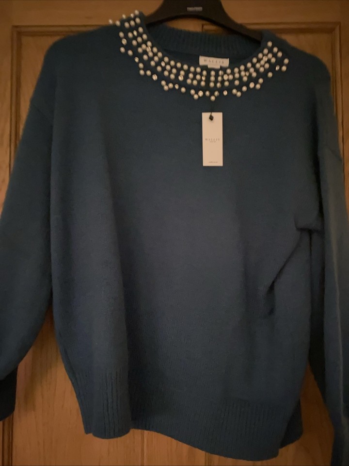 BNWT Wallis Medium Teal Jumper With Pearl And Diamanté Neckline | eBay UK