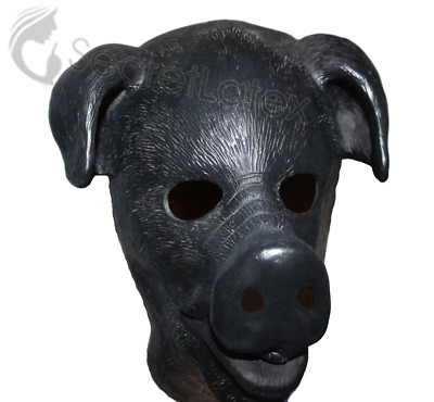 BLACK LATEX PIG FETISH FULL HEAD HEAVY THICK RUBBER HOOD BOAR HOG MEN ...