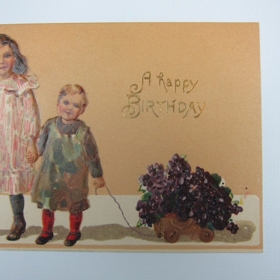 Postcard Birthday Greeting Antique Boy & Girl Purple Pansy Flowers ...