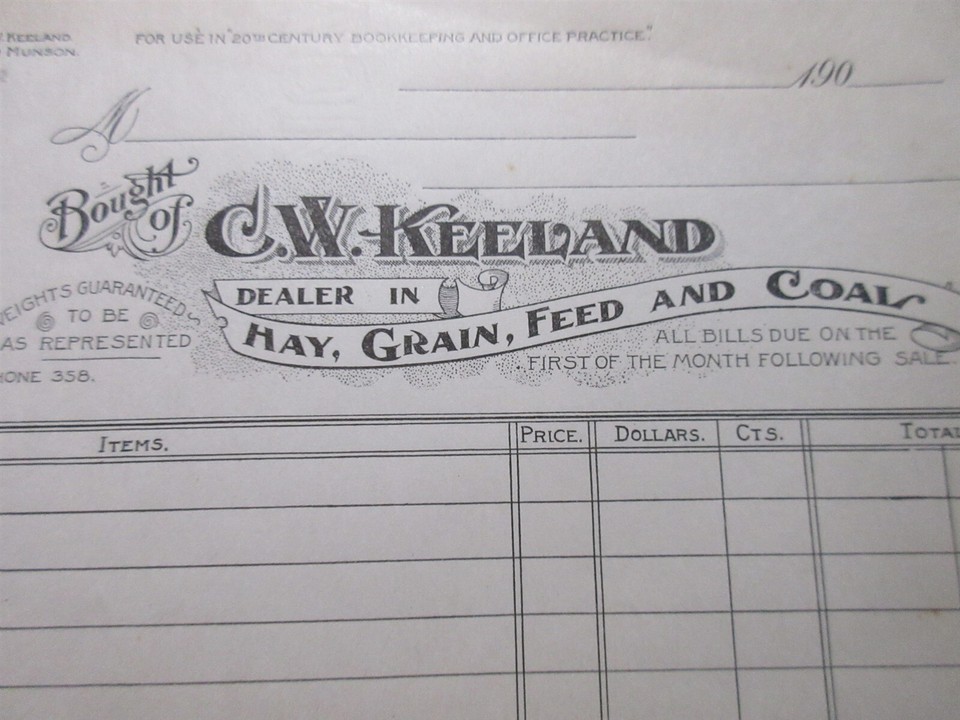 C. W. Keeland dealer in Hay Grain Feed Coal blank bill receipt billhead ...