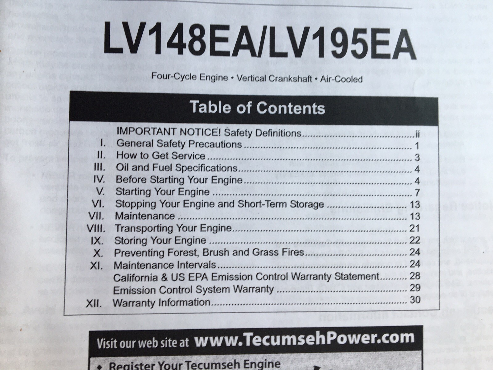 Tecumseh Engine Operators Manual LV148EA LV195EA Four Cycle Vertical ...
