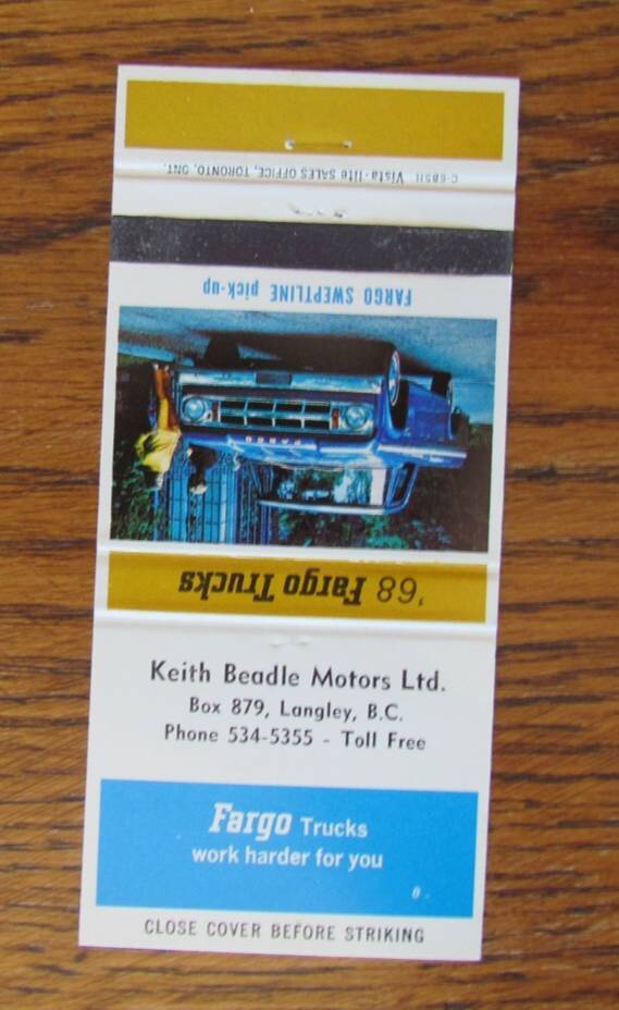 1968 FARGO TRUCKS MATCHBOOK COVER: KEITH BEADLE MOTORS LANGLEY, BC ...