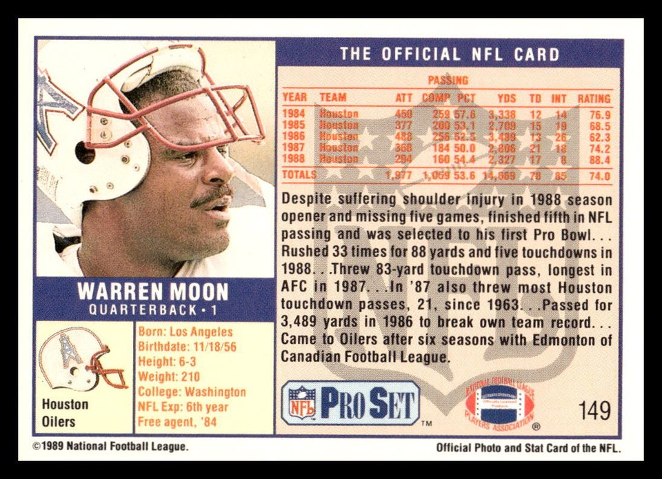 1989 Pro Set 149 Warren Moon Houston Oilers Football Card | eBay