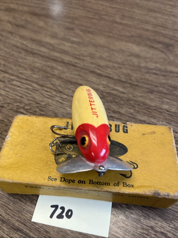 Vintage Fred Arbogast Jitterbug WOOD Fishing Lure W/ Original Box White ...