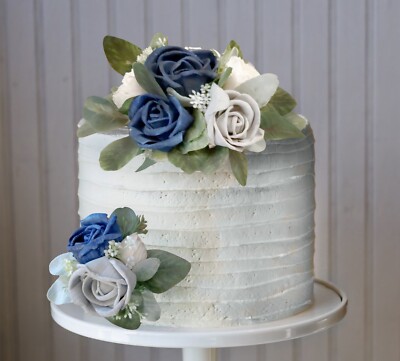 2PC Navy Blue Gray Wedding Cake Flower Topper Set Reusable Sola Wood ...