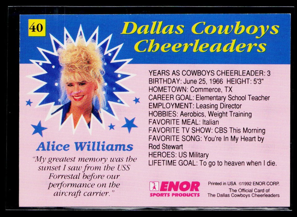 Alice Williams 1992 Enor Dallas Cowboys Cheerleaders #40 Dallas Cowboys ...