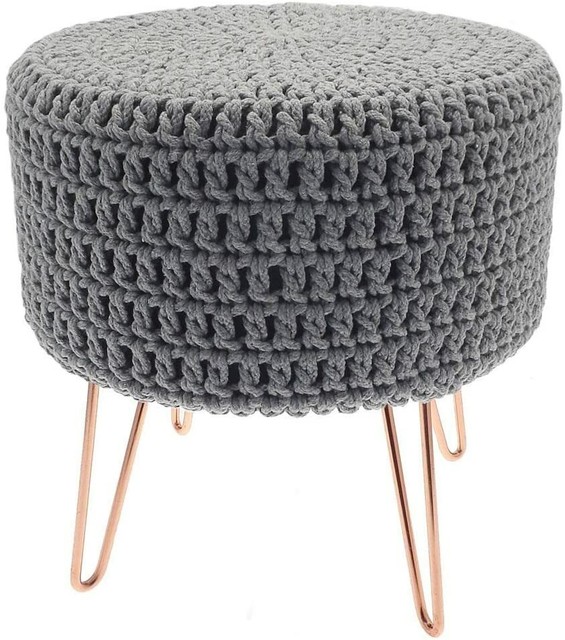 Bergen Knitted Grey Footstool Pouffe With Industrial Style Copper ...