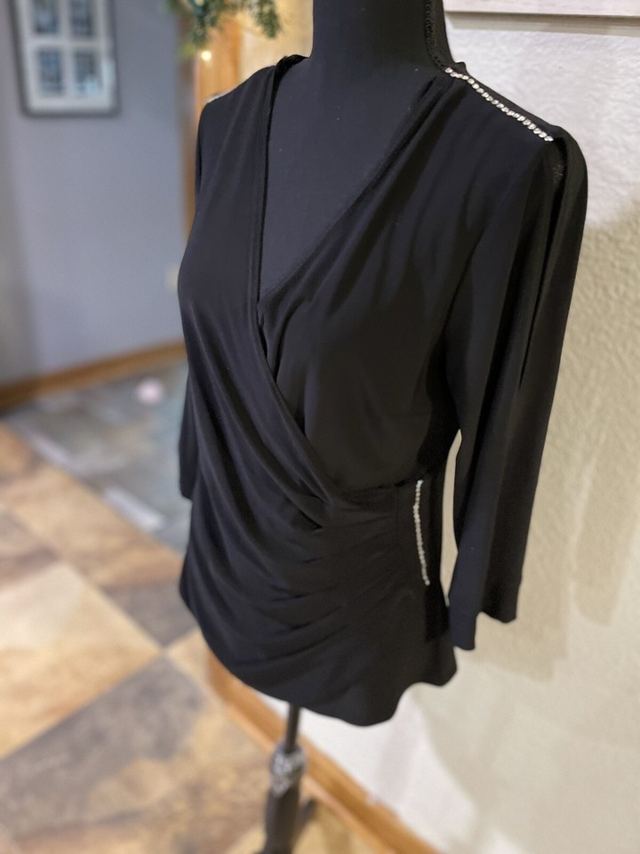 Women's R&M Richards V Neck Spilt Sleeves Black Blouse with Jewels sz ...