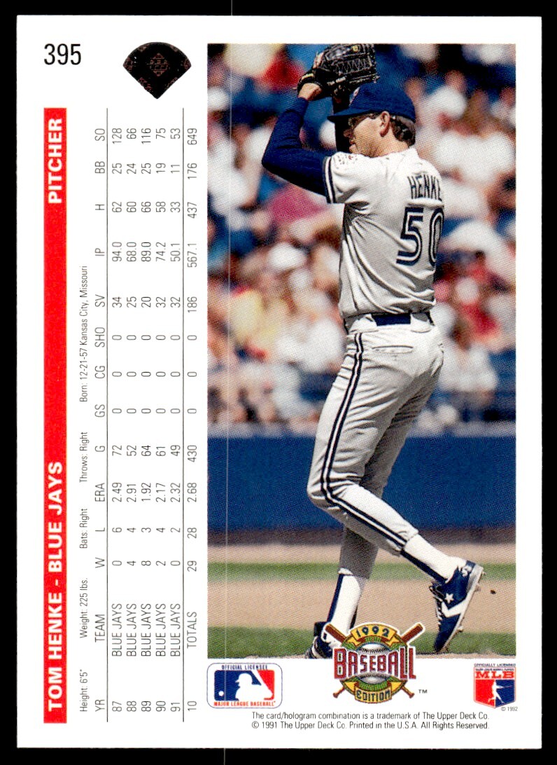 1992 Upper Deck Baseball Card Tom Henke Toronto Blue Jays #395 | eBay