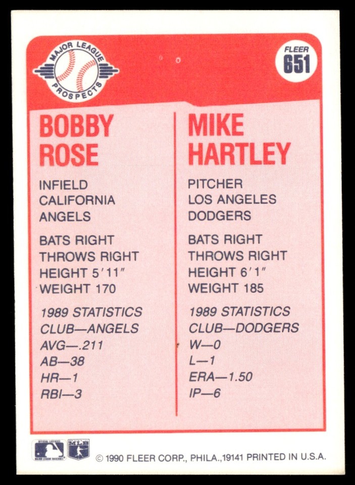 1990 Fleer Bobby Rose/Mike Hartley Rookie California Angels/Los Angeles ...