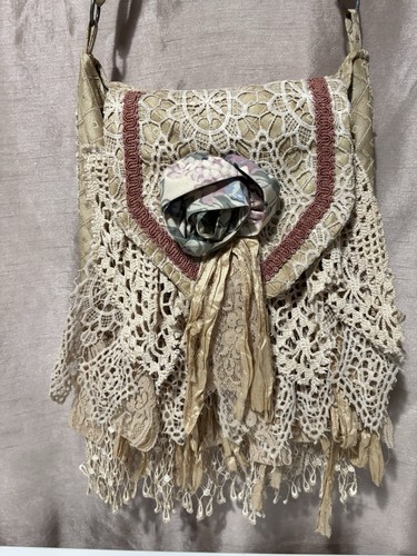 Shabby Chic Vtg Ruffle Lace Upcycled Purse Crossbody Adj Strap Lined ...
