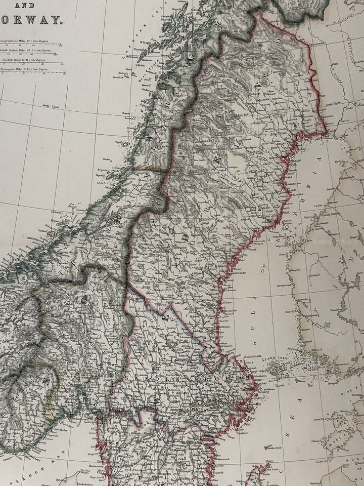 1860 Sweden & Norway Original Antique Map, Engraving With Hand Color ...