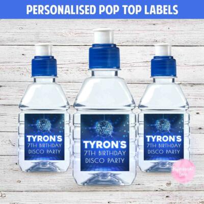 PRINTED x16 DISCO POP TOP Water Bottle Labels Birthday Party Favour ...