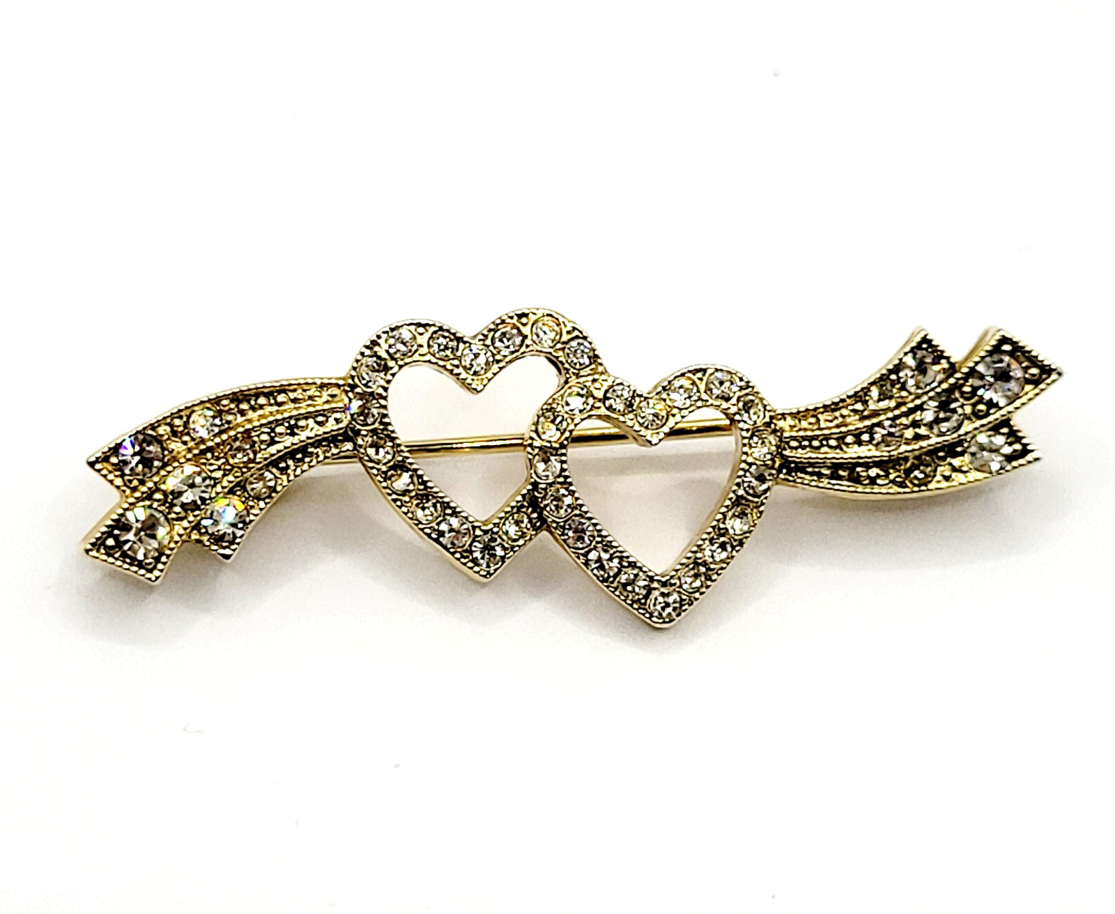 1928 Double Heart Spray Deco Style Gold Tone Sparklin… - Gem