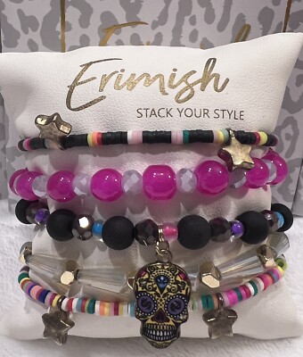 NEW! ERIMISH BRACELETS 5 Pc Stack Multicolor HALLOWEEN Sugar Skull | eBay