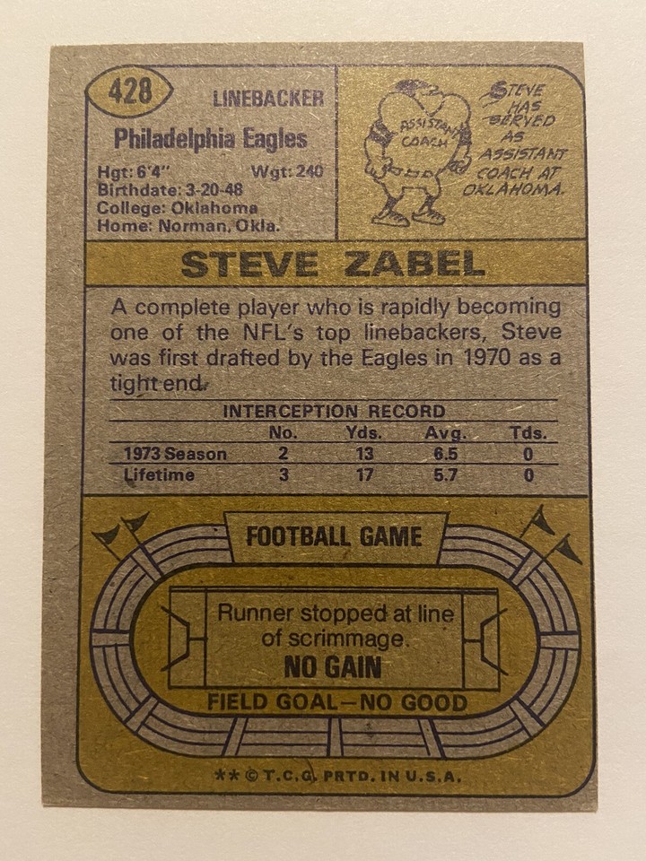 STEVE ZABEL Hand Signed 1974 Topps #428 Eagles Oklahoma Sooners ...