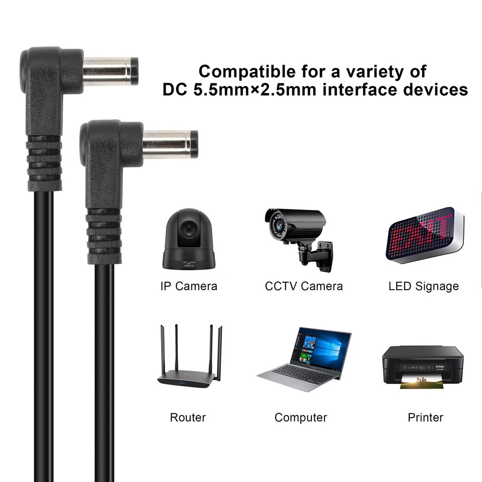 DC Power Extension Cable DC 55MM x 25MM 90 Degree Male to Male Plug ...