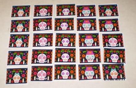 25 ASSORTED DAY OF THE DEAD FOREVER COMMEMORATIVE STAMPS USED ON PAPER ...