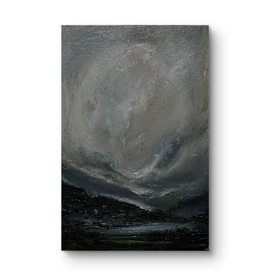 Original Oil Painting Landscape Scottish – Moody Gray Lake Valley ...