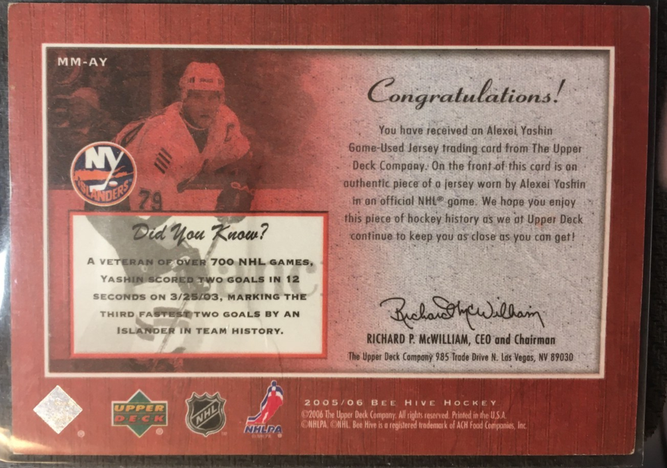 Alexei Yashin Upper Deck Bee Hive Game Jersey Patch #MM-AY New York ...