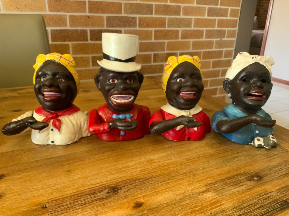 Rare set cast iron vintage jolly bank set 4 in total , extremely heavy ...