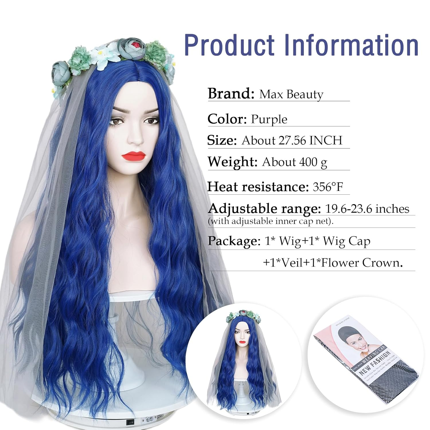 Corpse Cosplay Bride Wig with Veil & Flower Crown & Wig Cap for Women ...